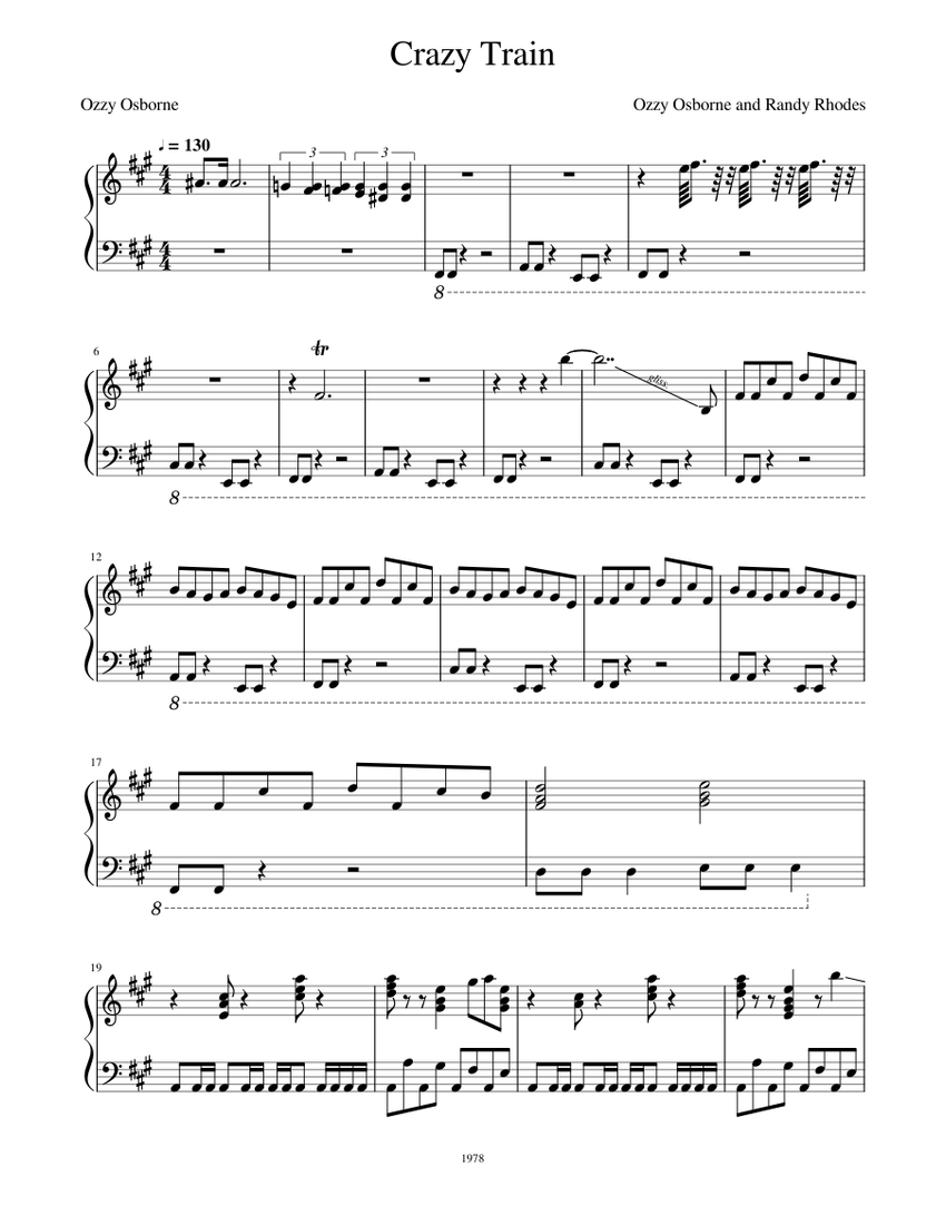 Crazy Train Piano Arrangement Sheet Music for Piano (Solo) | MuseScore.com