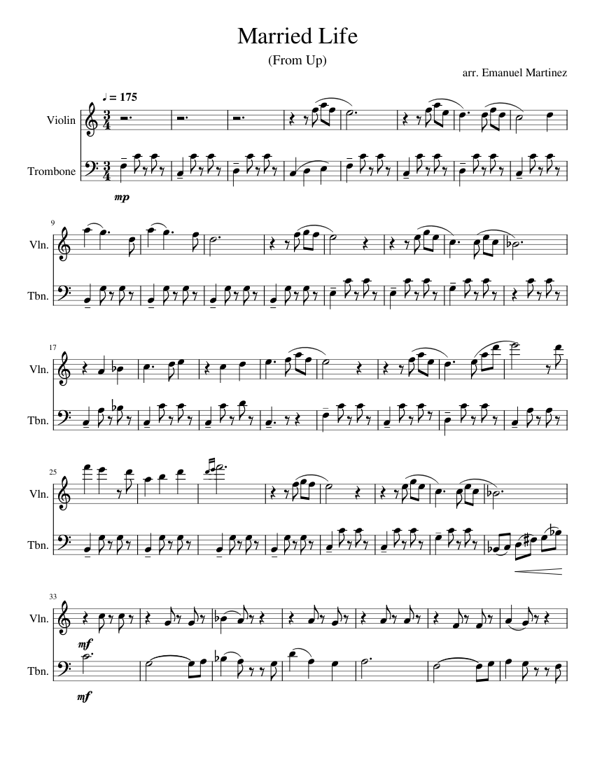 Married Life Sheet music for Trombone, Violin (Mixed Duet) | Musescore.com