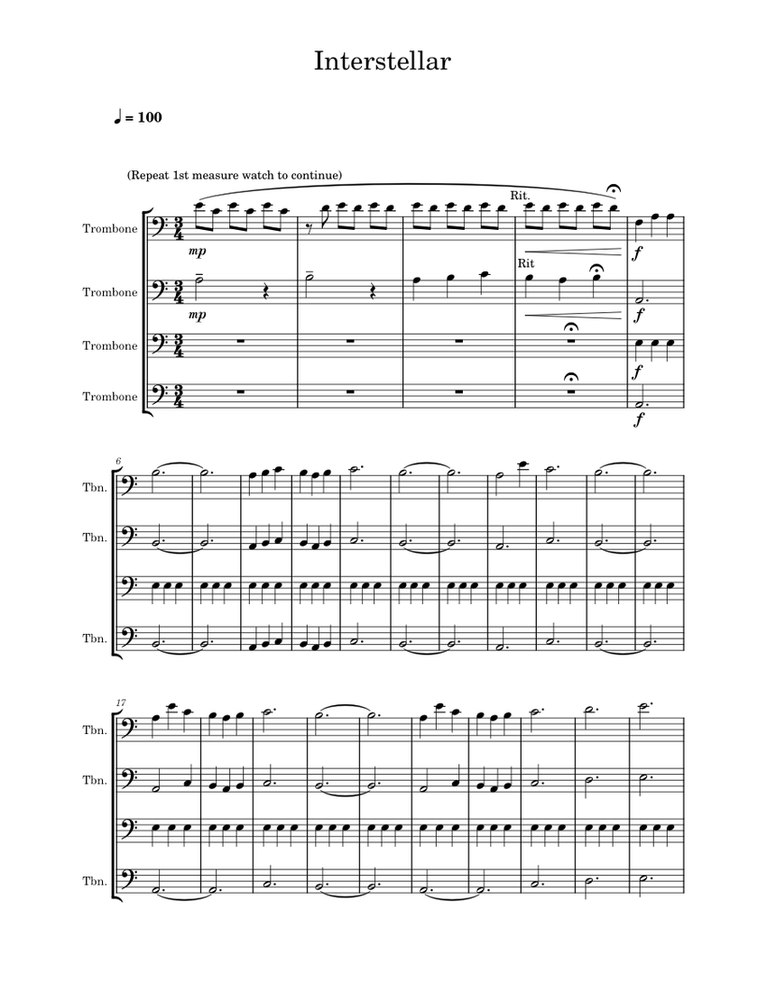 Interstellar Sheet Music for Trombone (Brass Ensemble) | MuseScore.com