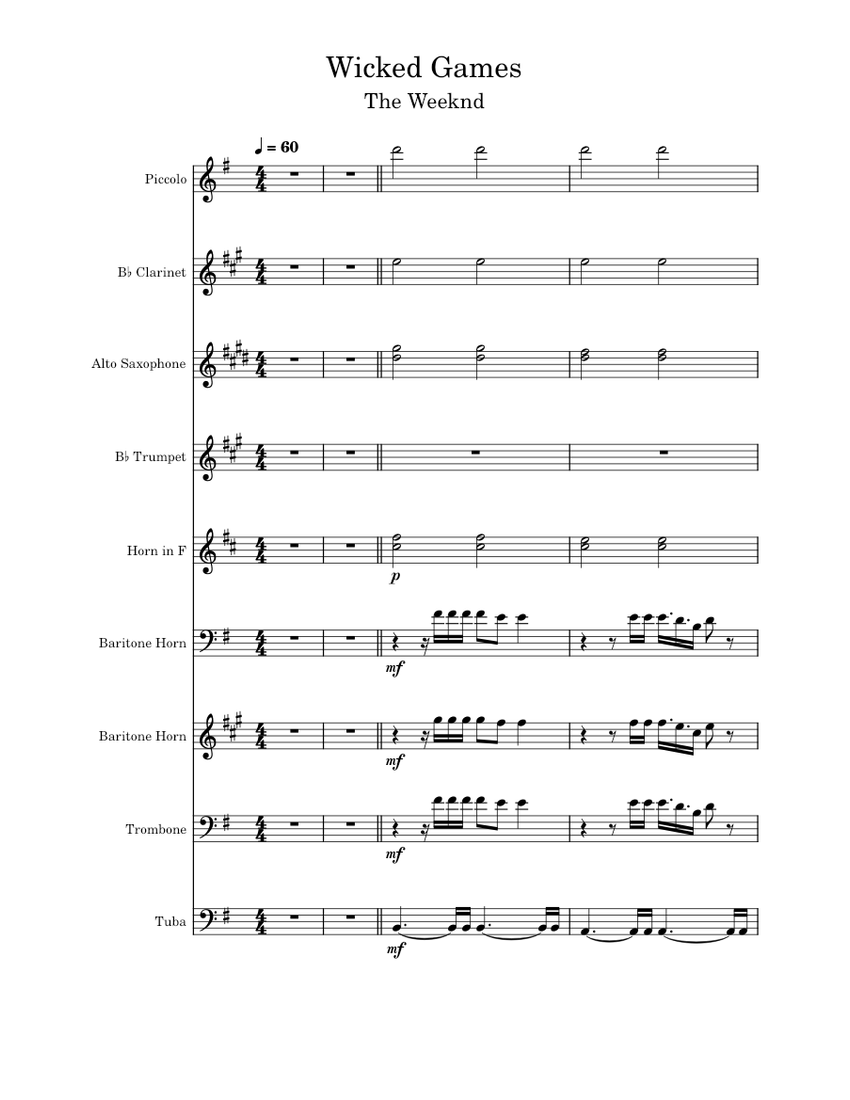 Wicked games – The Weeknd Sheet Music for Trombone, Tuba, Flute piccolo ...