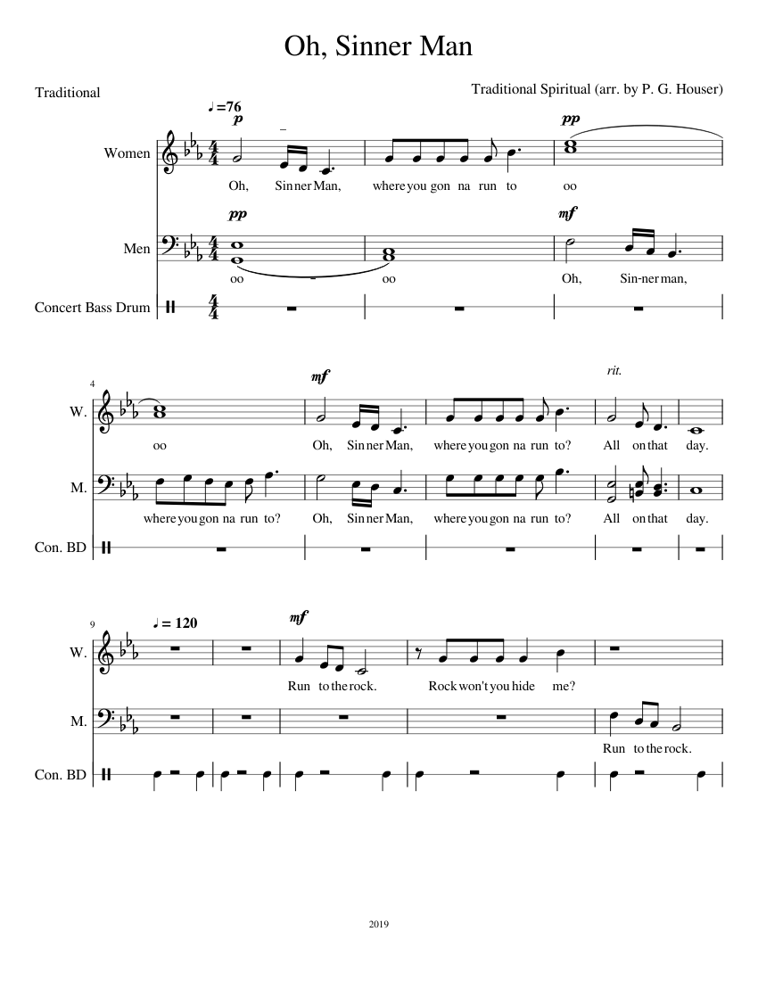 Oh,_Sinner_Man Sheet music for Female, Male, Bass drum (Mixed Trio ...