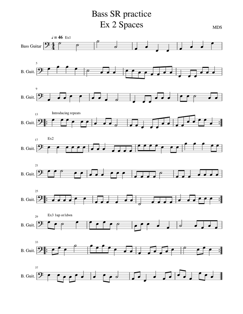 Bass Guitar Sight Reading Landmark Spaces Keyc Sheet Music for Bass ...