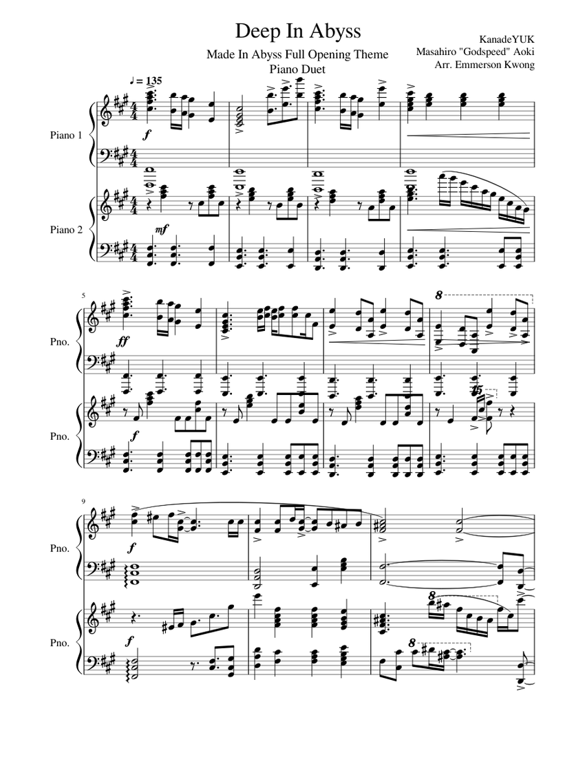 Deep In Abyss - Made In Abyss Full OP Sheet Music for Piano (Piano Duo ...