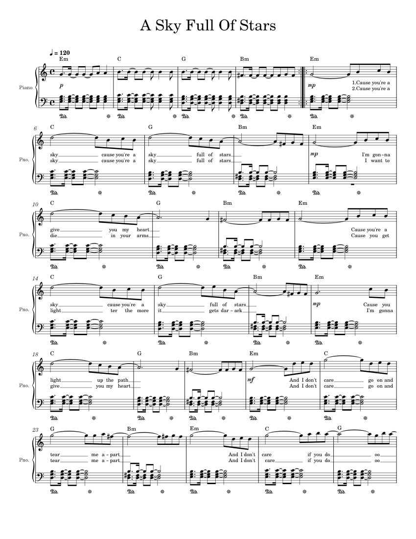 A Sky Full of Stars - Coldplay Sheet Music with Chords for Piano (Solo) | MuseScore.com