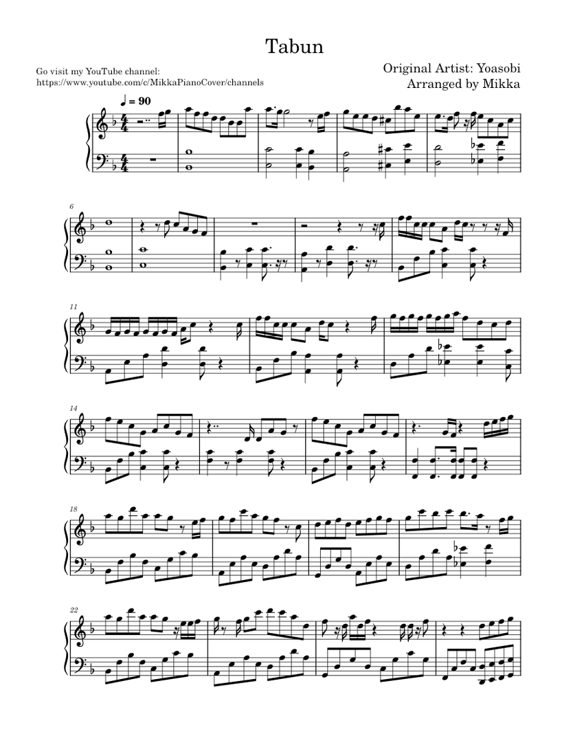 たぶん (Tabun) – YOASOBI Yoasobi- Tabun Sheet Music for Piano (Solo ...
