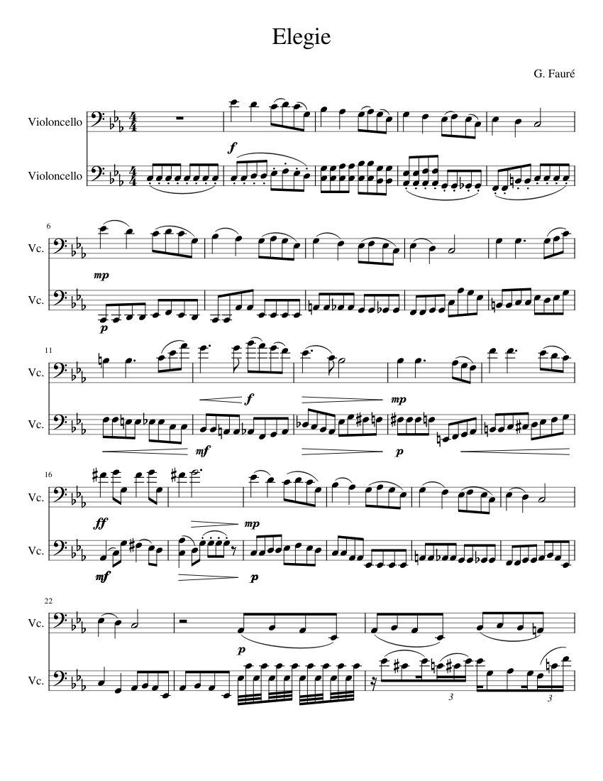 Elegie by G. Fauré for two cellos Sheet Music for Cello (String Duet ...