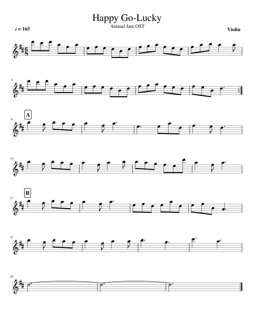 Happy Go Lucky- Animal Jam OST Sheet Music for Violin (Solo ...