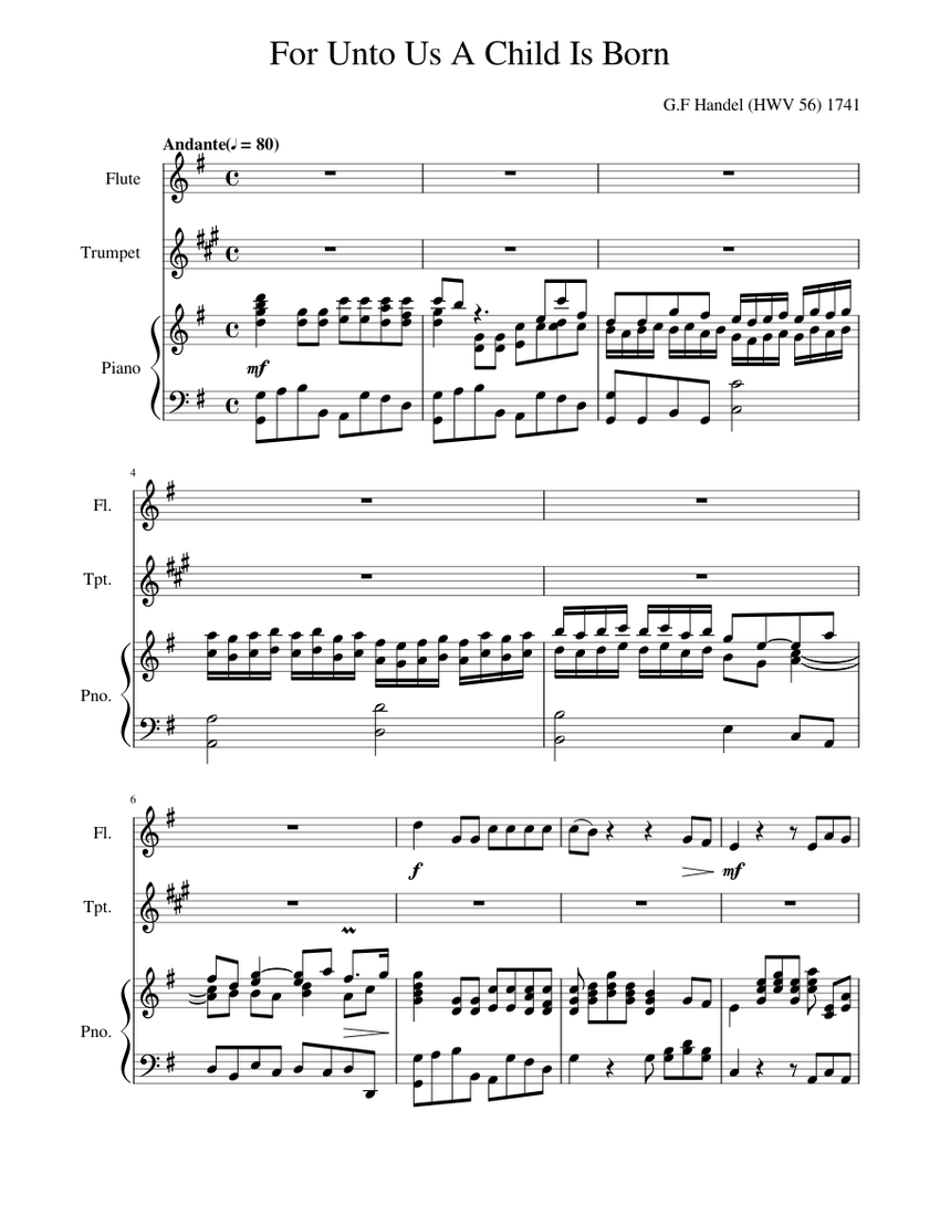 For_Unto_Us_A_Child_Is_Born Sheet music for Piano, Flute, Trumpet other ...