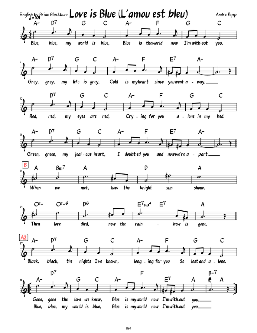 Love Is Blue (Lead sheet with lyrics ) Sheet Music with Chords for ...
