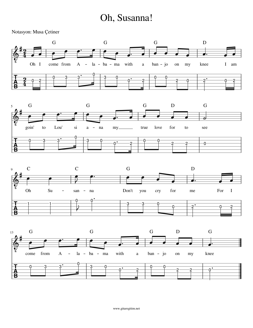 Oh Susanna Sheet Music and Tab with Chords for Guitar (Solo ...