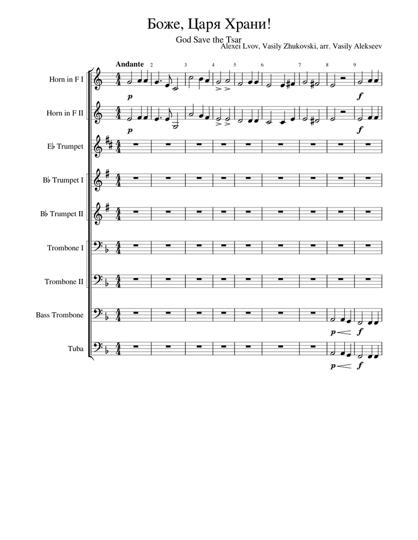 Bozhe, Tsarya Khrani! (God Save the Tsar) for brass ensemble Sheet ...