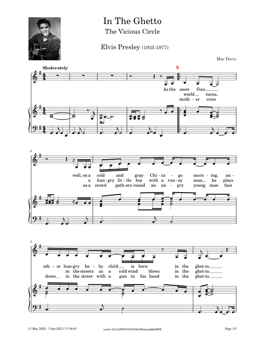 In the ghetto – Elvis Presley Sheet Music and Tab with Chords for Piano ...