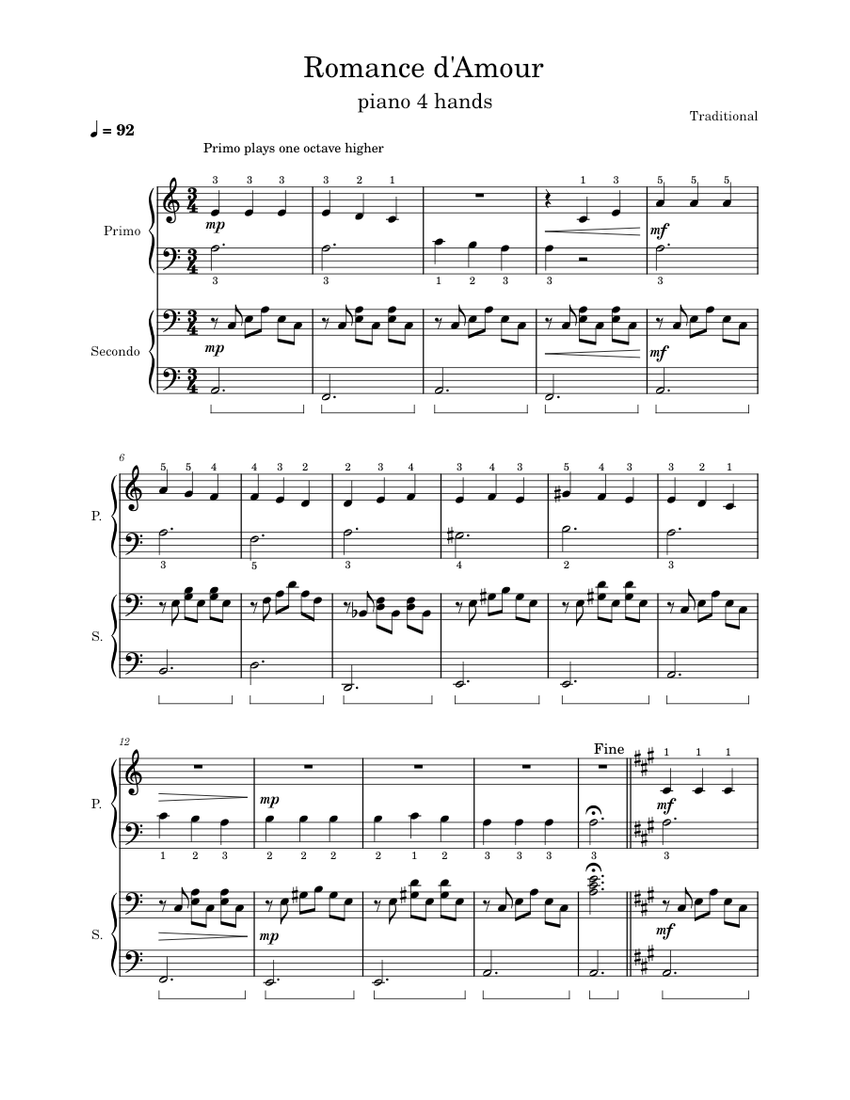 Romance d'Amour – Traditional Sheet music for Piano (Piano Four Hand ...