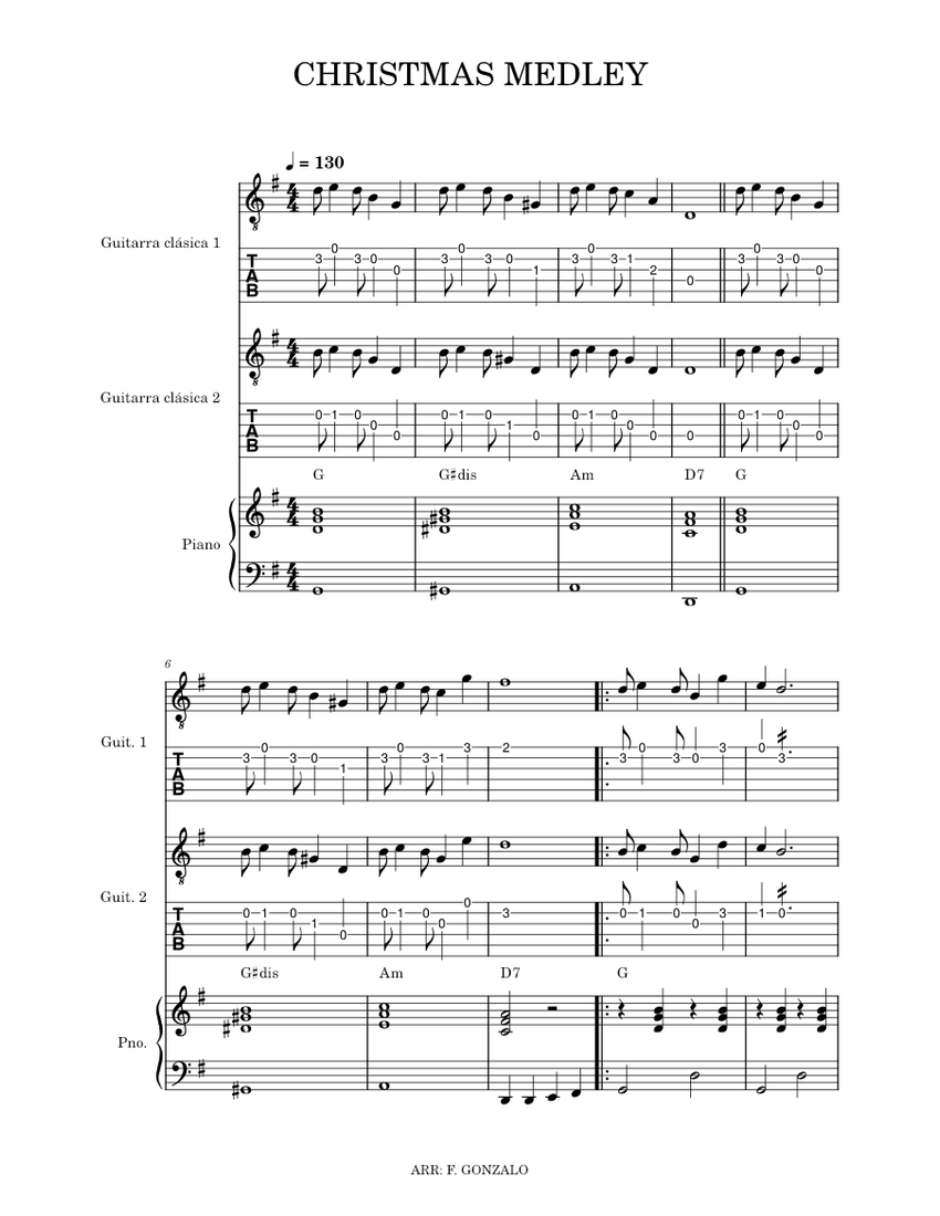 CHRISTMAS MEDLEY Sheet Music and Tab with Chords for Piano, Guitar ...