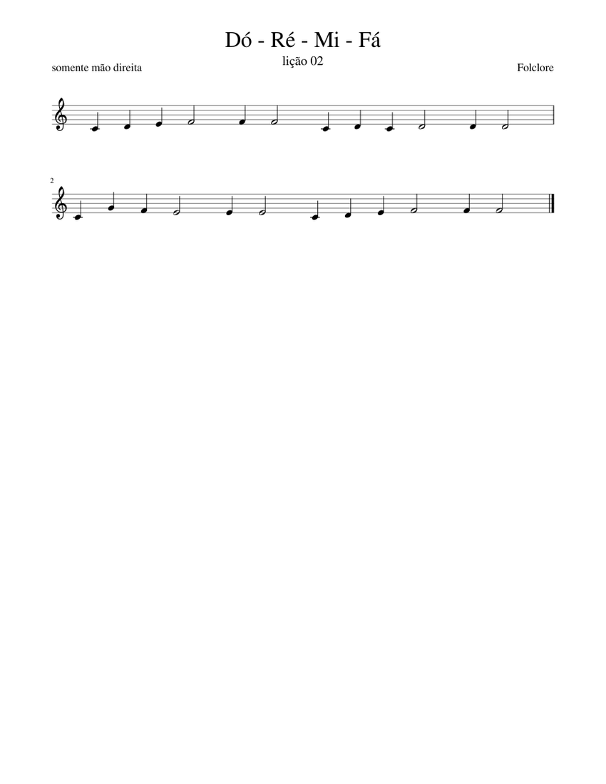 Lição 02 - Dó - Ré - Mi - Fá Sheet Music for Piano (Solo) easy ...