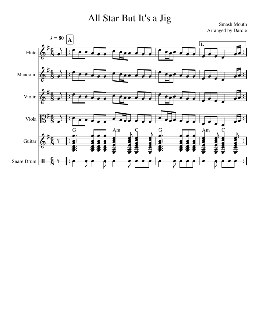 All star – Smash Mouth (But it's a Jig) Sheet music for Flute, Snare ...