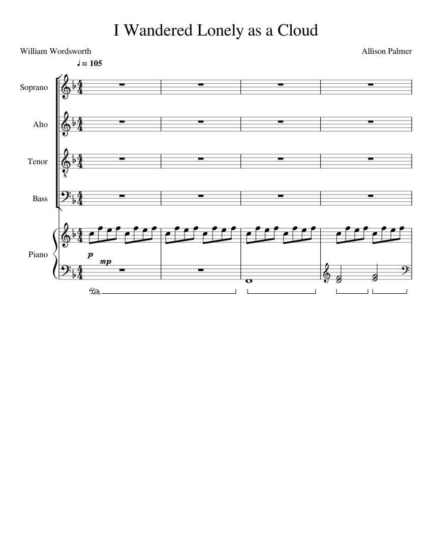 I Wandered Lonely as a Cloud Full choir Sheet Music for Piano, Soprano ...