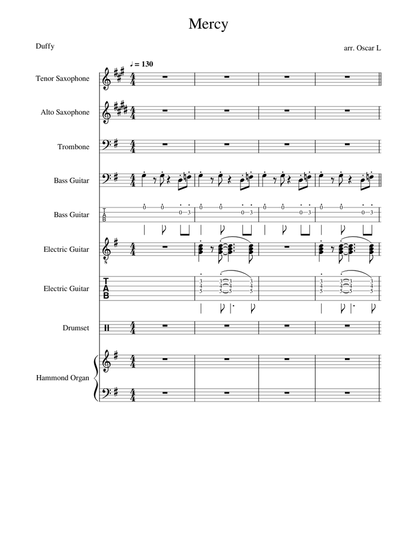 Mercy by Duffy Sheet Music and Tab for Trombone, Organ, Saxophone alto ...