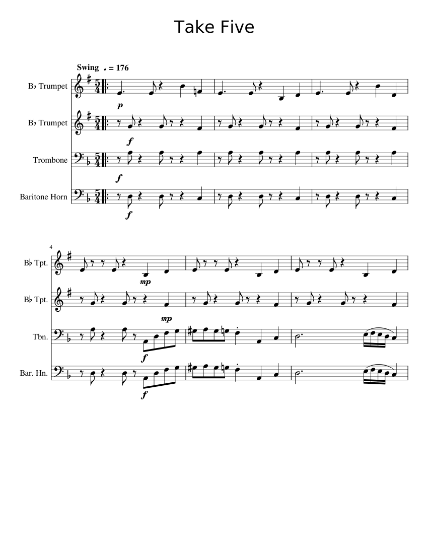 Take Five Sheet Music for Trombone, Trumpet in b-flat, Baritone horn ...