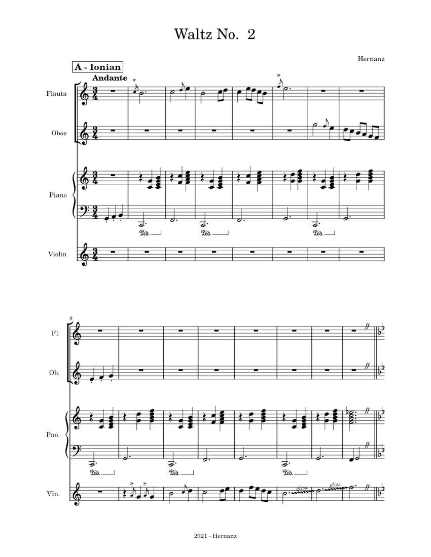 Waltz No. 2 Sheet music for Piano, Flute, Oboe, Violin (Piano Trio ...