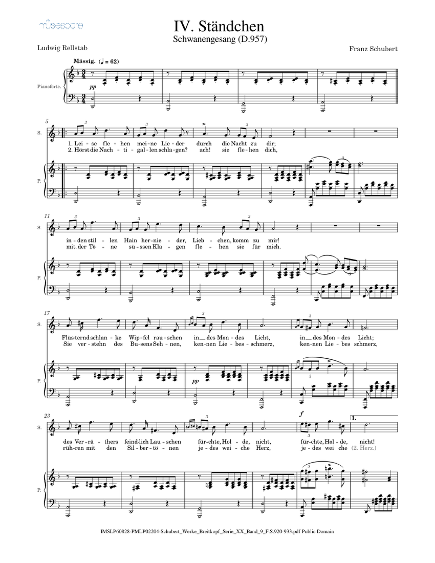 Ständchen, No 4 From Schwanengesang D957 – Franz Schubert Sheet Music ...