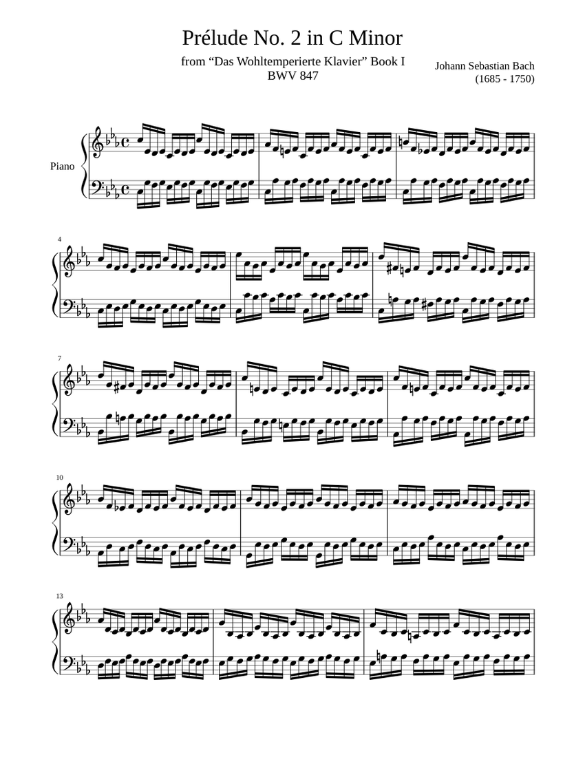 Prelude No. 2 BWV 847 in C Minor Sheet music for Piano (Solo ...