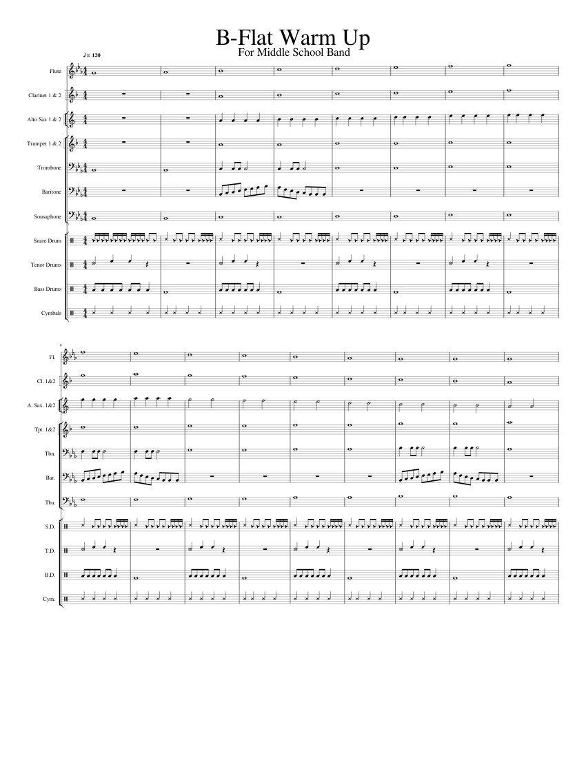 B-Flat Warm Up Sheet Music for Trombone, Tuba, Flute, Clarinet in b ...