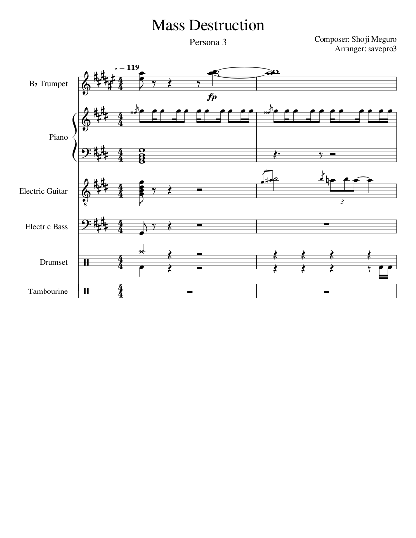 Persona 3 - Mass Destruction Sheet Music for Piano, Tambourine, Trumpet ...