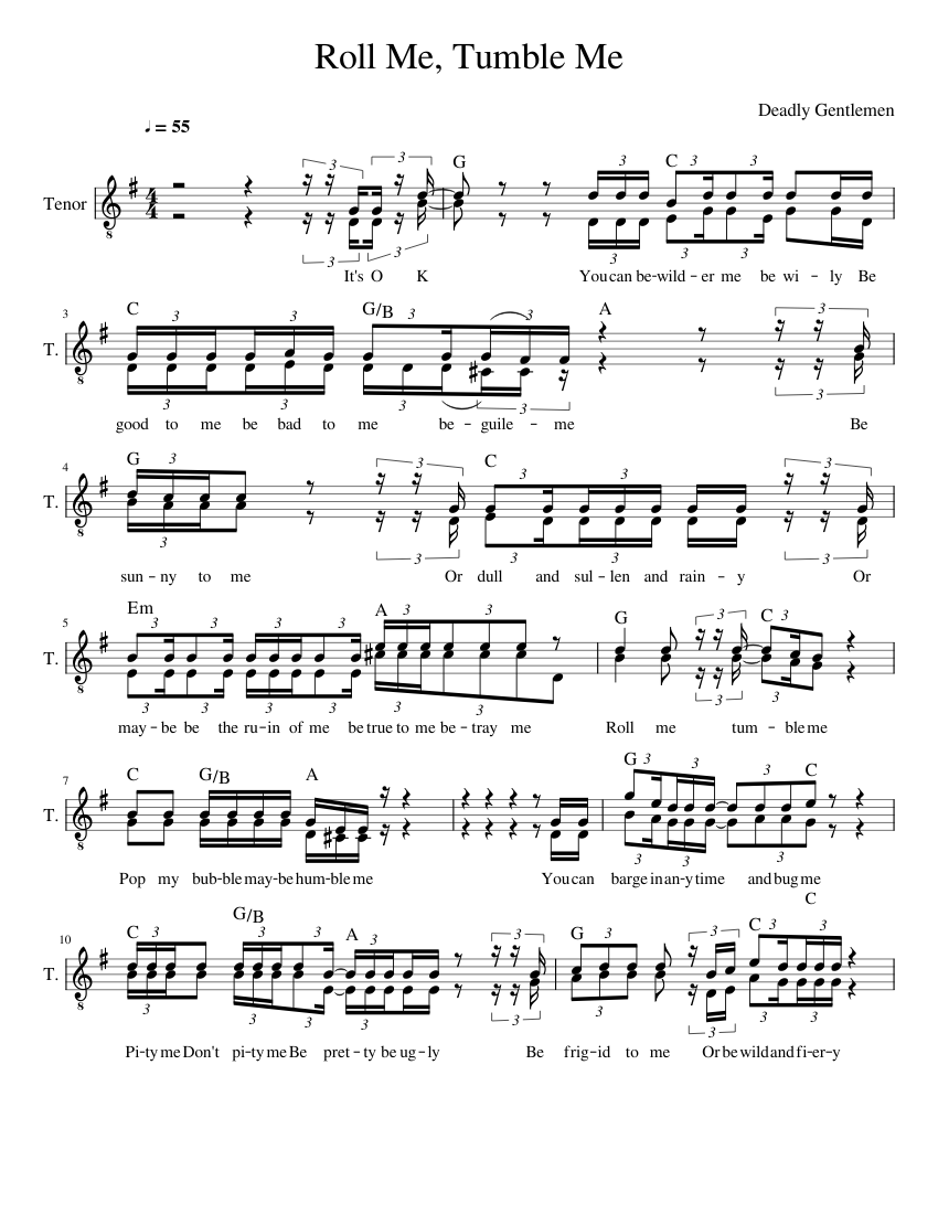 Roll Me, Tumble Me by the Deadly Gentlemen Sheet music for Tenor (A ...