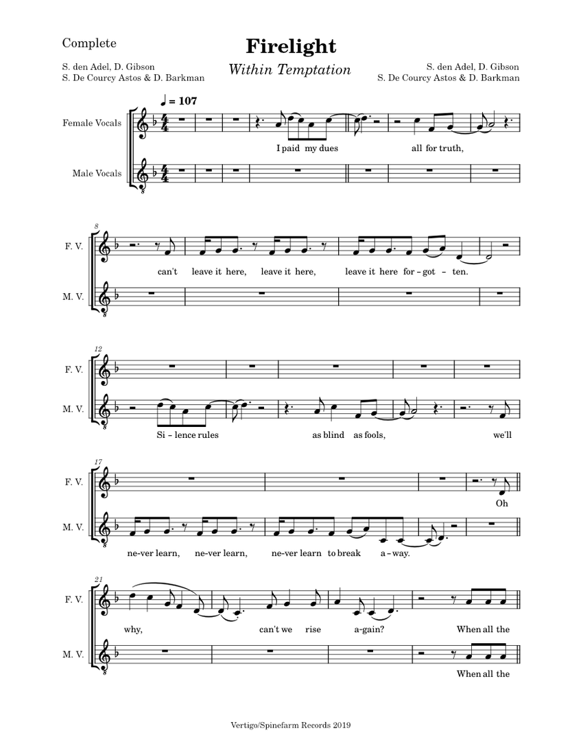 Firelight – Within Temptation Sheet music for Vocals (A Capella ...