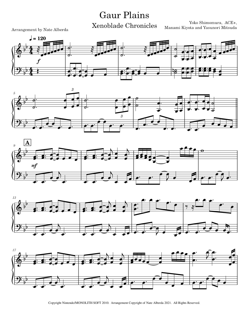 Xenoblade Chronicles - Gaur Plains Sheet Music for Piano (Solo ...