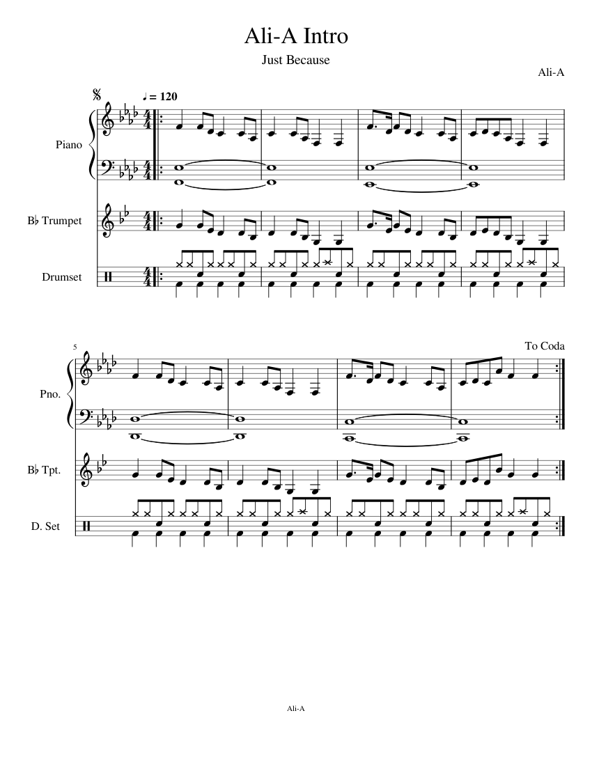 Ali-A_Intro Sheet music for Piano, Trumpet in b-flat, Drum group (Mixed ...