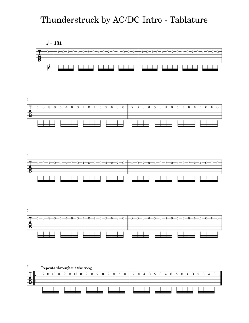 Thunderstruck Ac Dc Thunderstruck By Ac Dc Intro Tablature Sheet