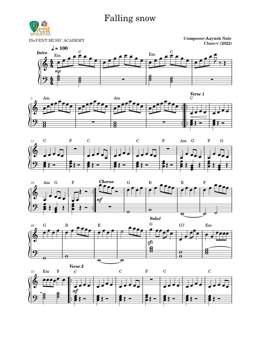 Falling snow Sheet Music for Piano (Piano-Voice-Guitar) easy ...