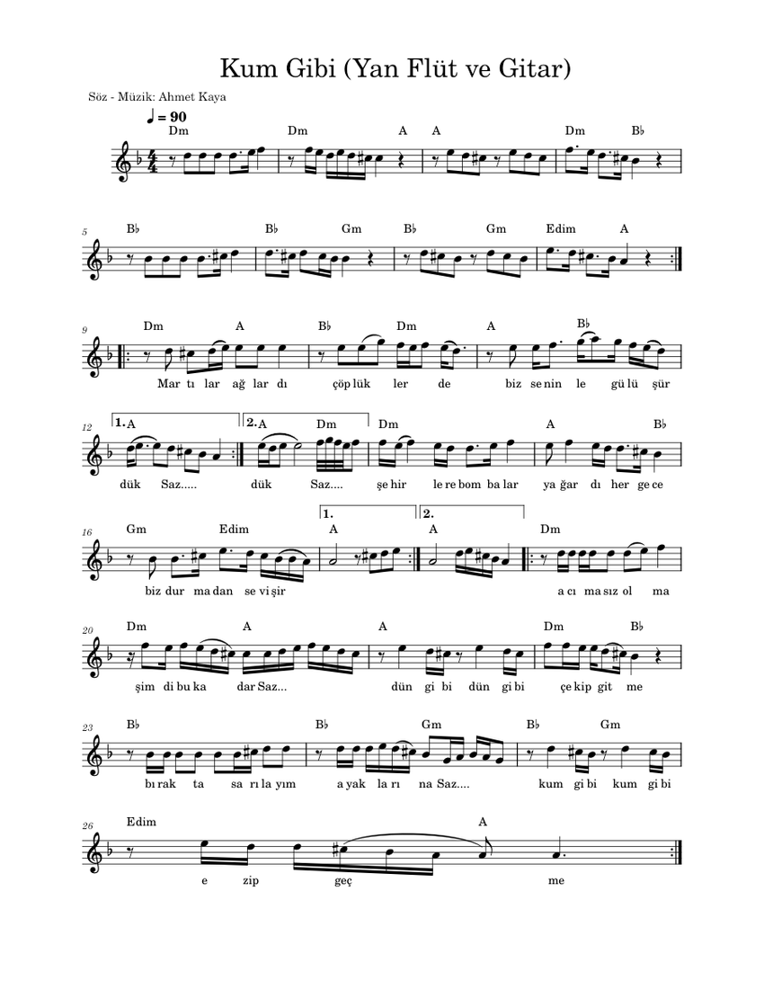 Kum Gibi (Yan Flüt ve Gitar) Sheet Music for Flute (Solo) | MuseScore.com