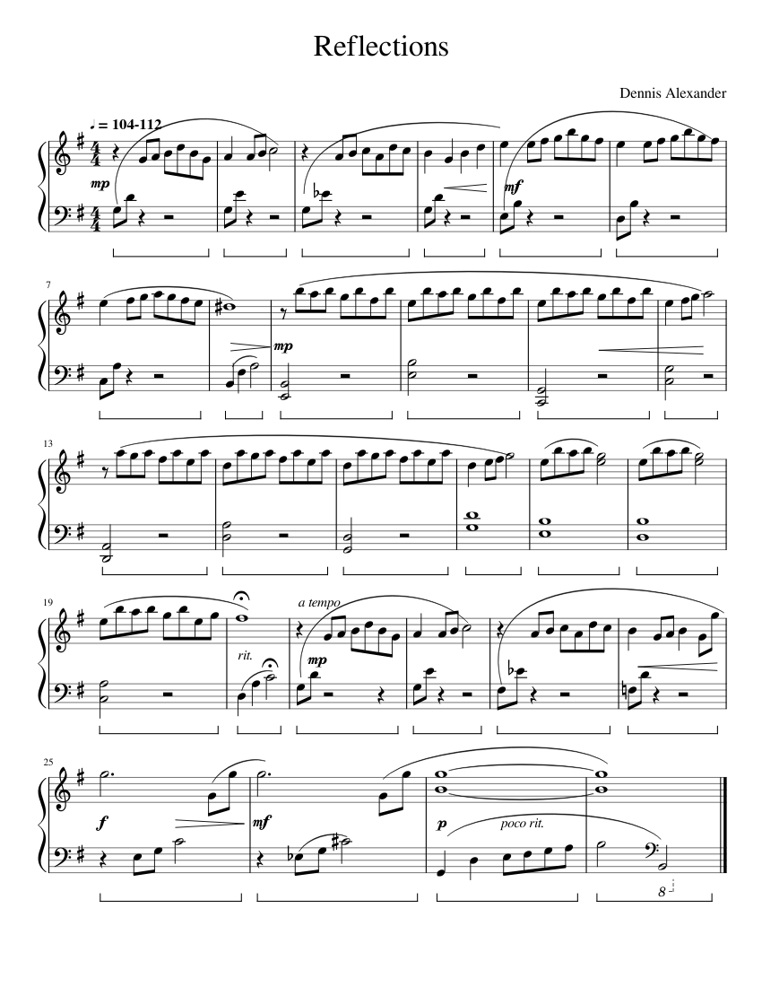 Reflections by Dennis alexander Sheet Music for Piano (Solo) easy ...