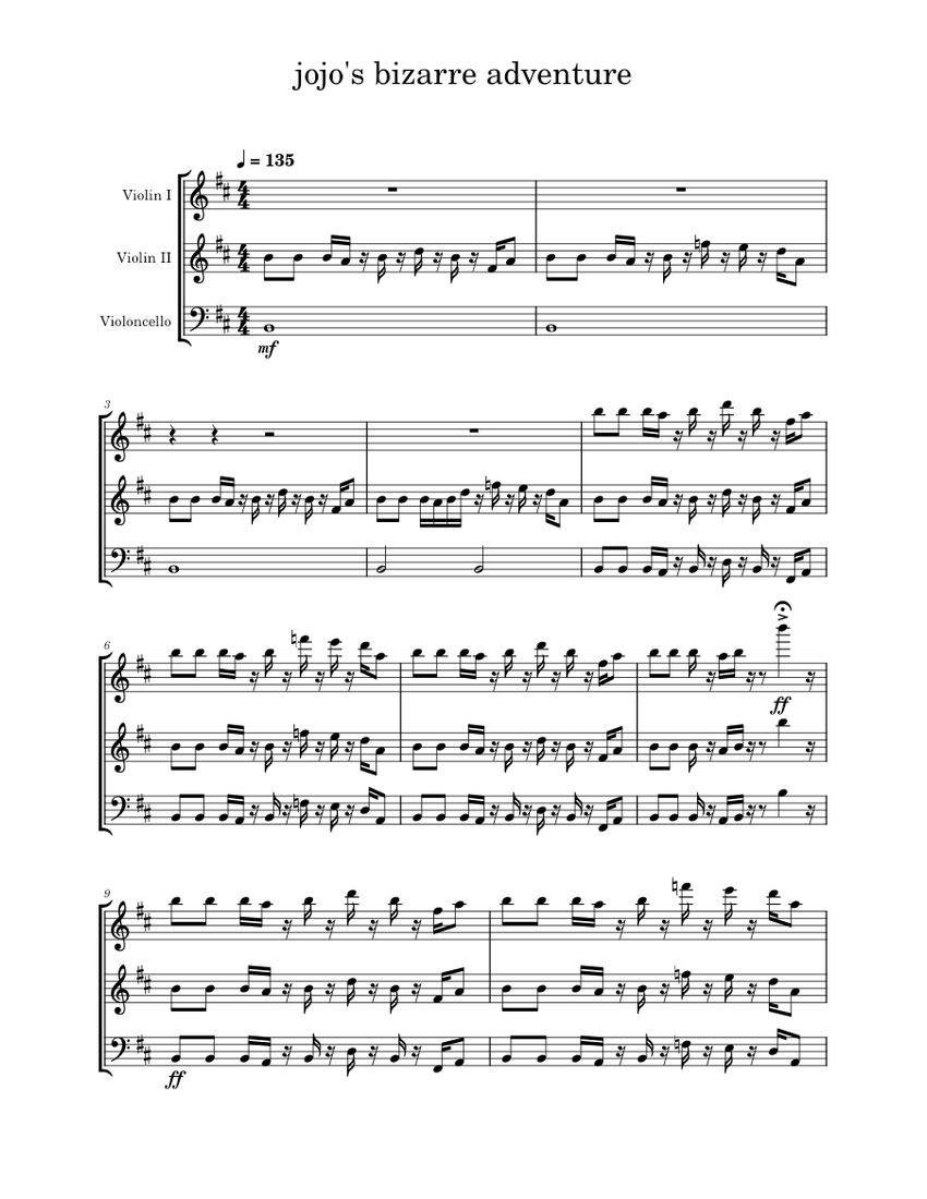 Jojo's bizarre adventure Sheet Music for Violin, Cello (String Trio ...