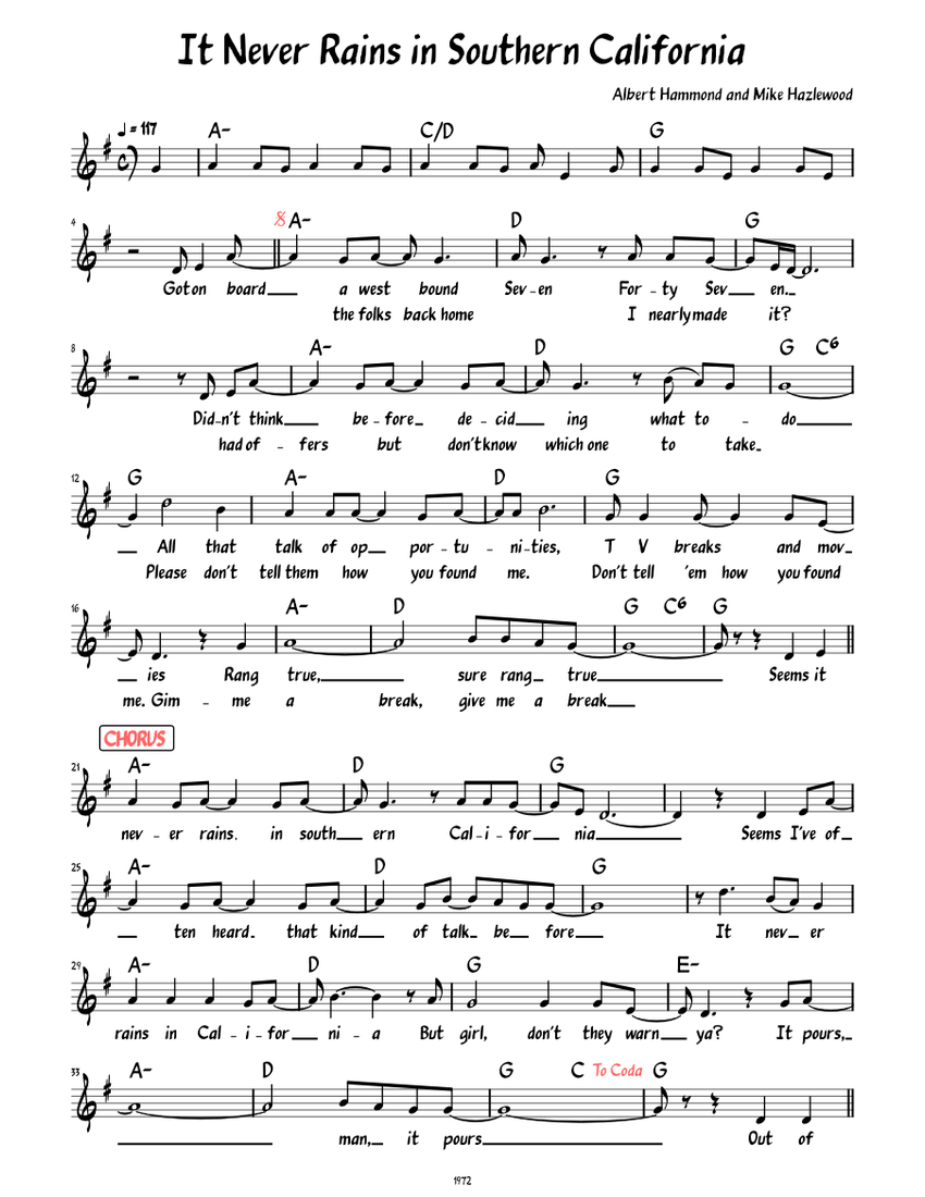 It Never Rains in Southern California (lead sheet with lyrics ) Sheet ...