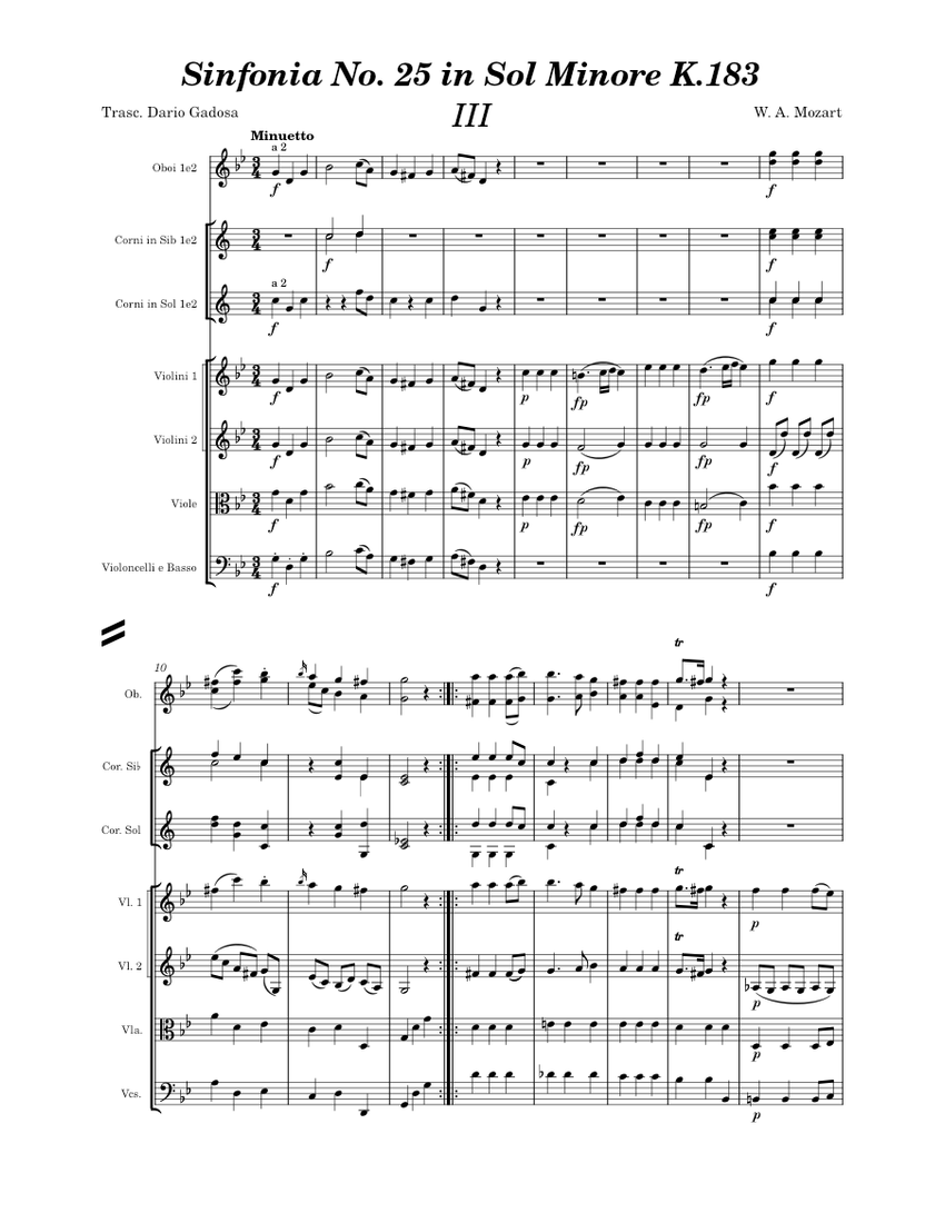 Mozart sinfonia No.25 in G minor, K.183 III tempo Sheet Music for Oboe ...