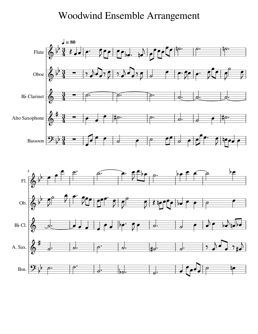 Woodwind Ensemble Arrangement Sheet Music for Flute, Oboe, Clarinet in ...