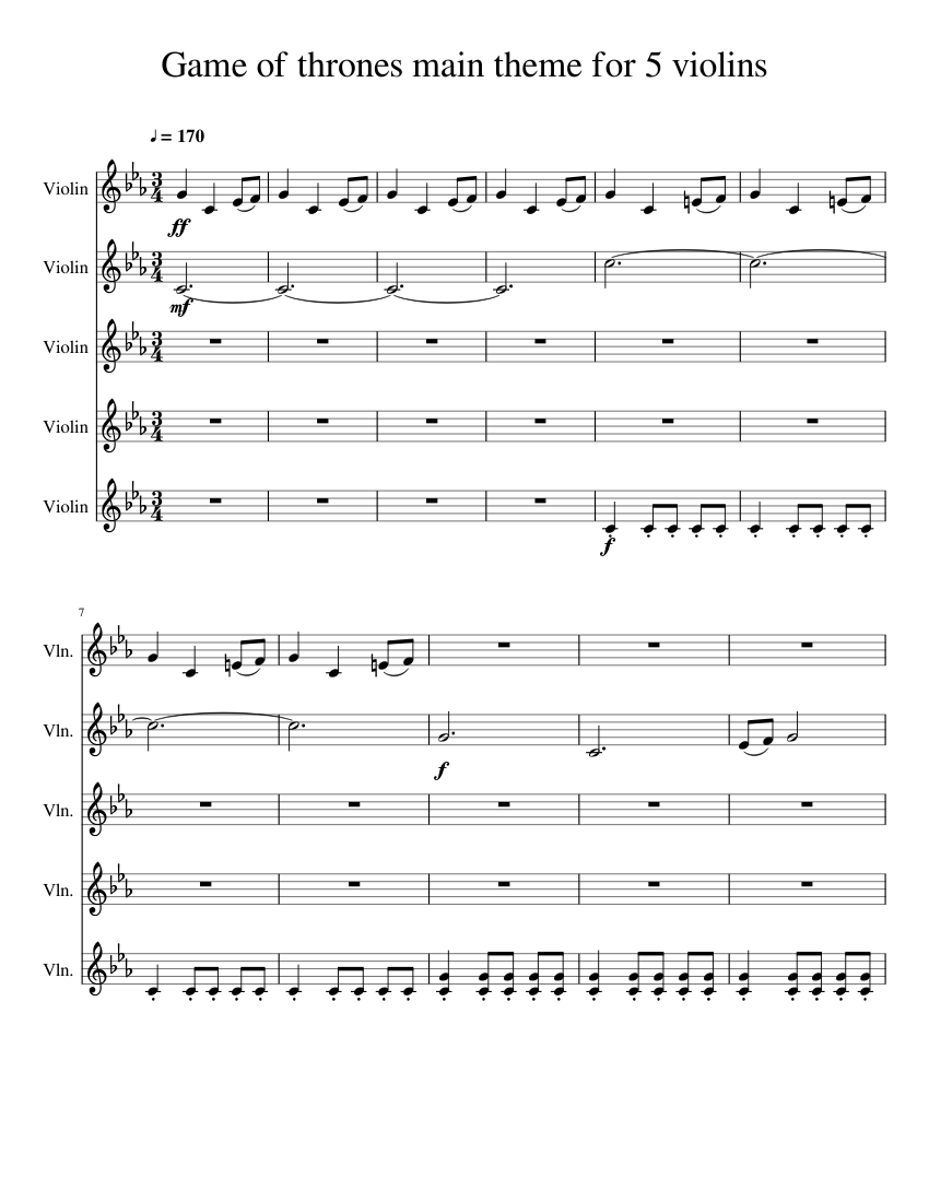 GoT main theme for 5 violins Sheet music for Violin (Mixed Quintet ...
