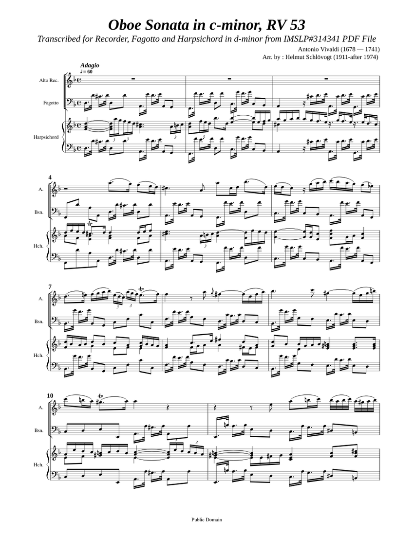 Vivaldi, A. _ Oboe Sonata in C-minor RV.53 [Rec, Bsn, Hch] Sheet Music ...