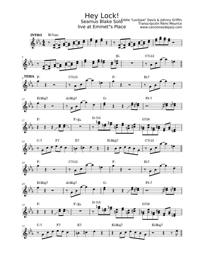Hey Lock Seamus Blake solo Sheet Music with Chords for Saxophone tenor ...