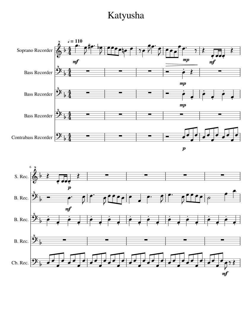 Katyusha Sheet Music for Recorder (Mixed Quintet) | MuseScore.com