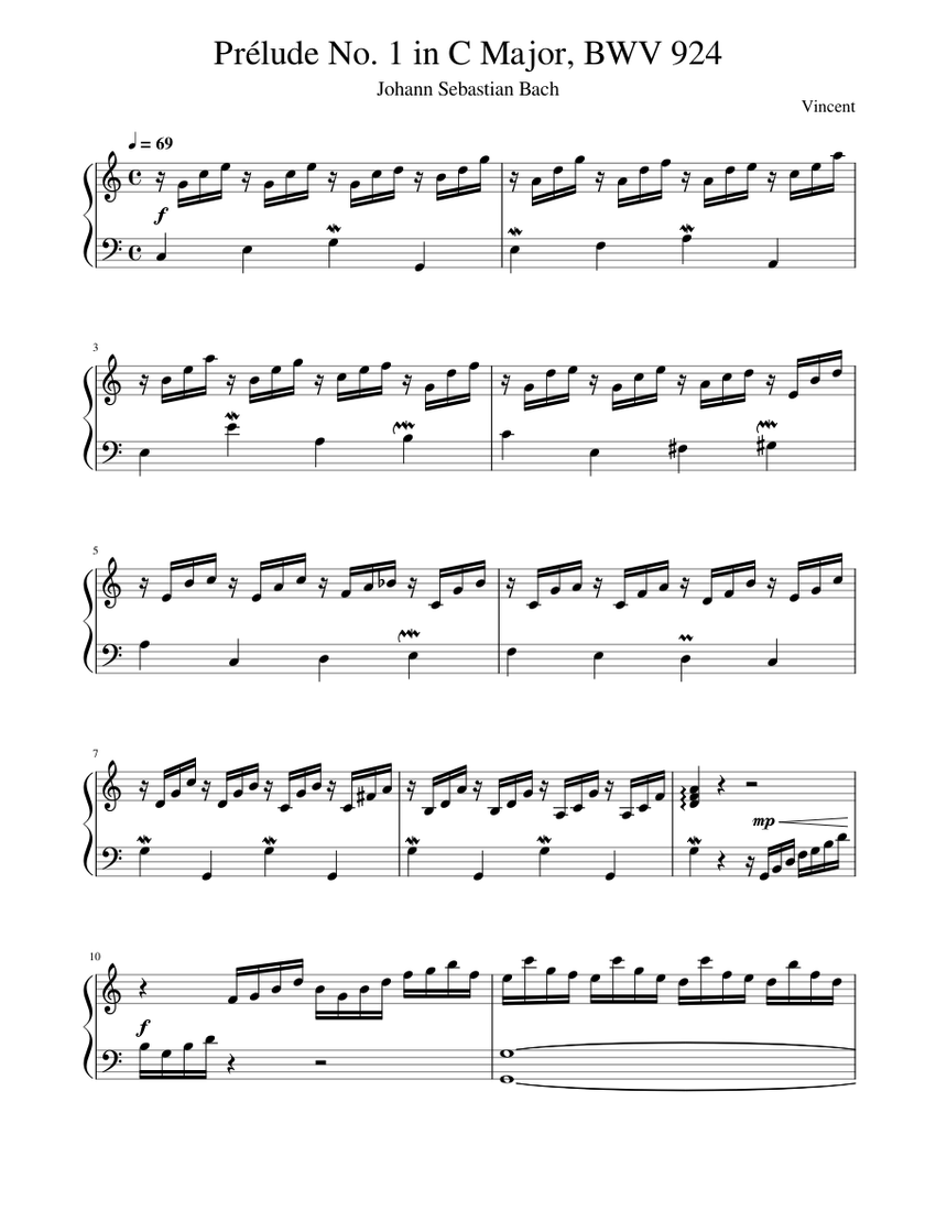 Bach - Prélude No. 1 in C Major, BWV 924 Sheet music for Piano (Solo ...