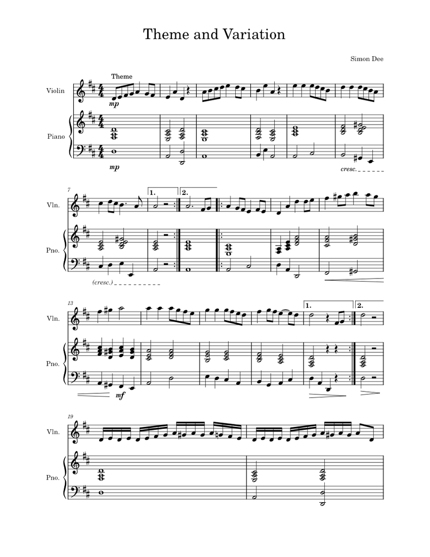 Theme and Variation 3 Sheet Music for Piano, Violin (Mixed Duet ...