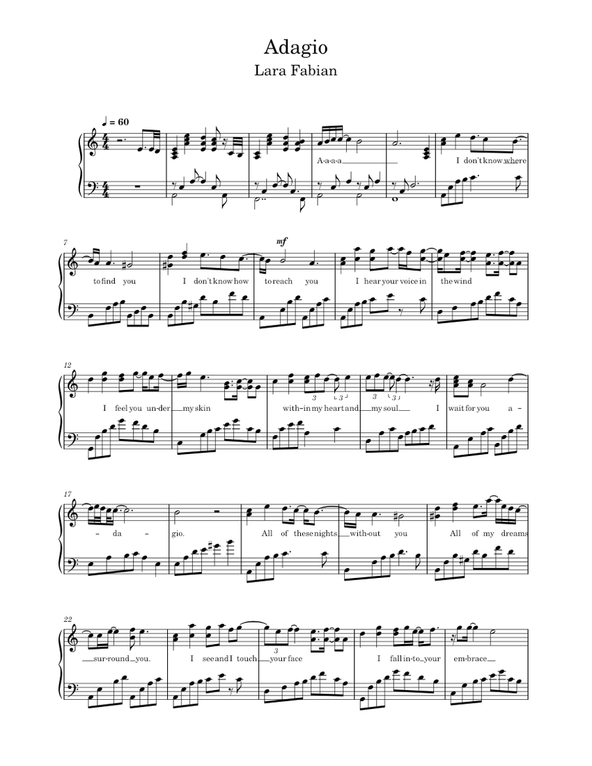 Adagio – Lara Fabian - english lyrics Sheet music for Piano (Solo ...