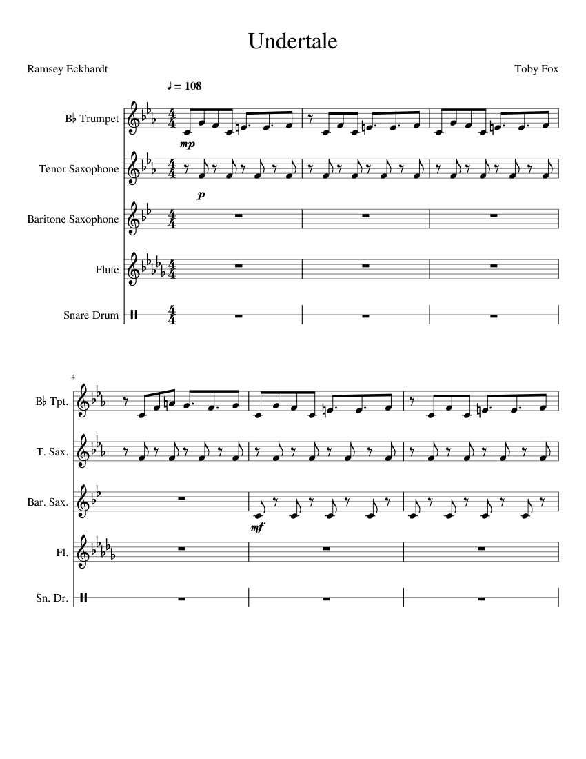 Undertale Theme Song Sheet music for Flute, Saxophone tenor, Saxophone ...