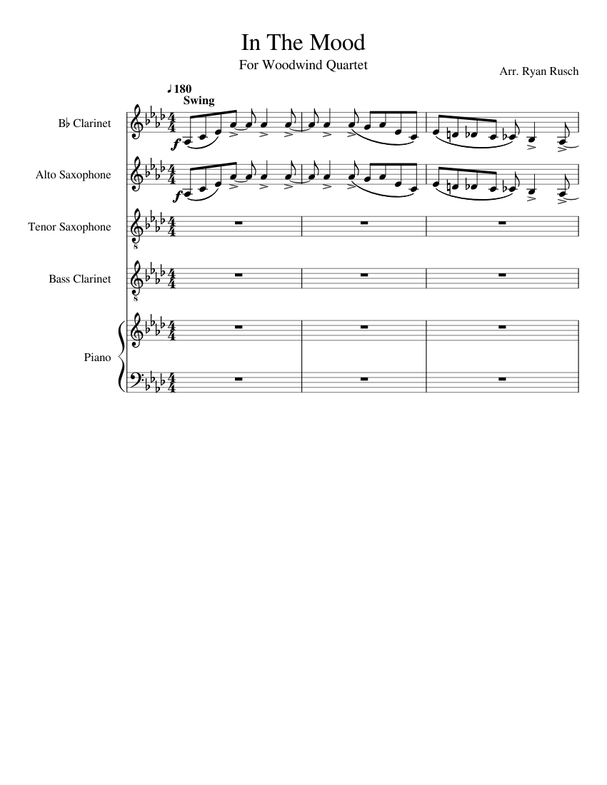 In The Mood Quartet Sheet Music for Piano, Clarinet in b-flat, Clarinet ...