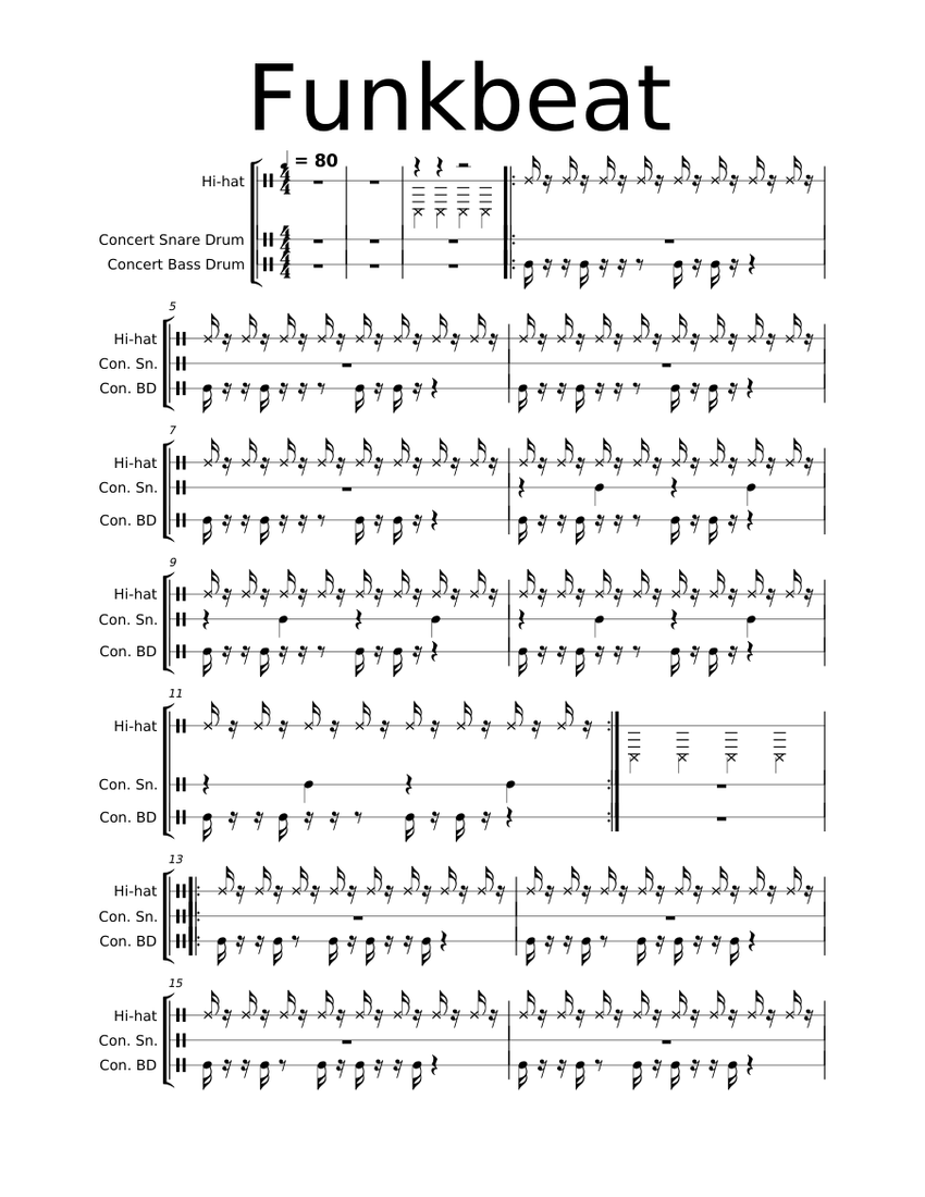 Basic Funk beat play-along Sheet music for Snare drum, Bass drum, Hi ...